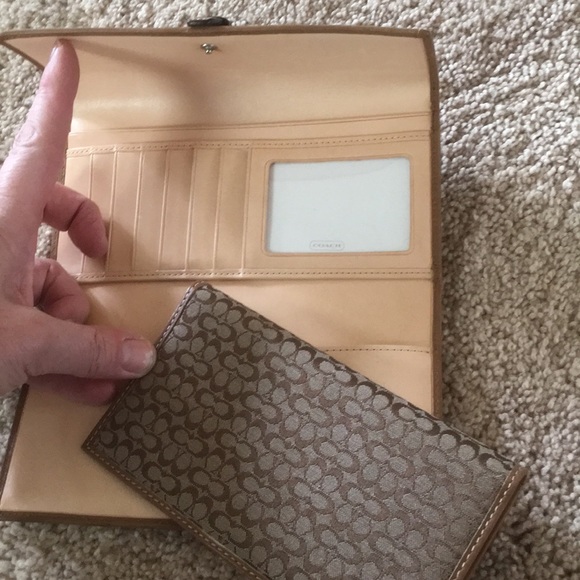 Coach | Bags | Coach Tan Leather Trim Logo Large Wallet | Poshmark
